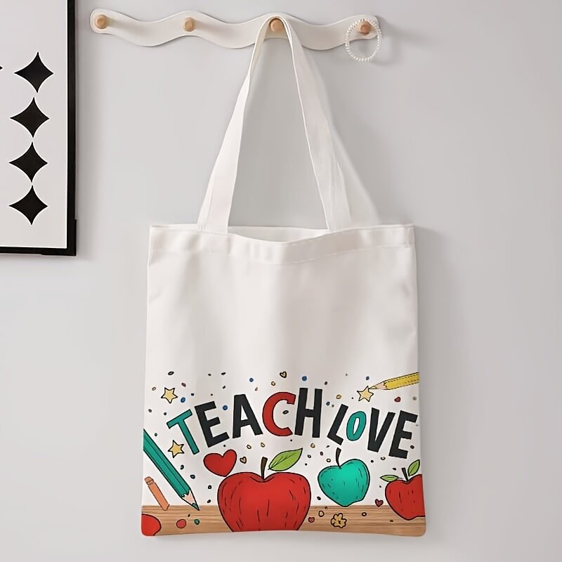 Сумка-шопер для учителей с двусторонним принтом Teach Love и школьными иконками, 35x40 см, из полиэстера