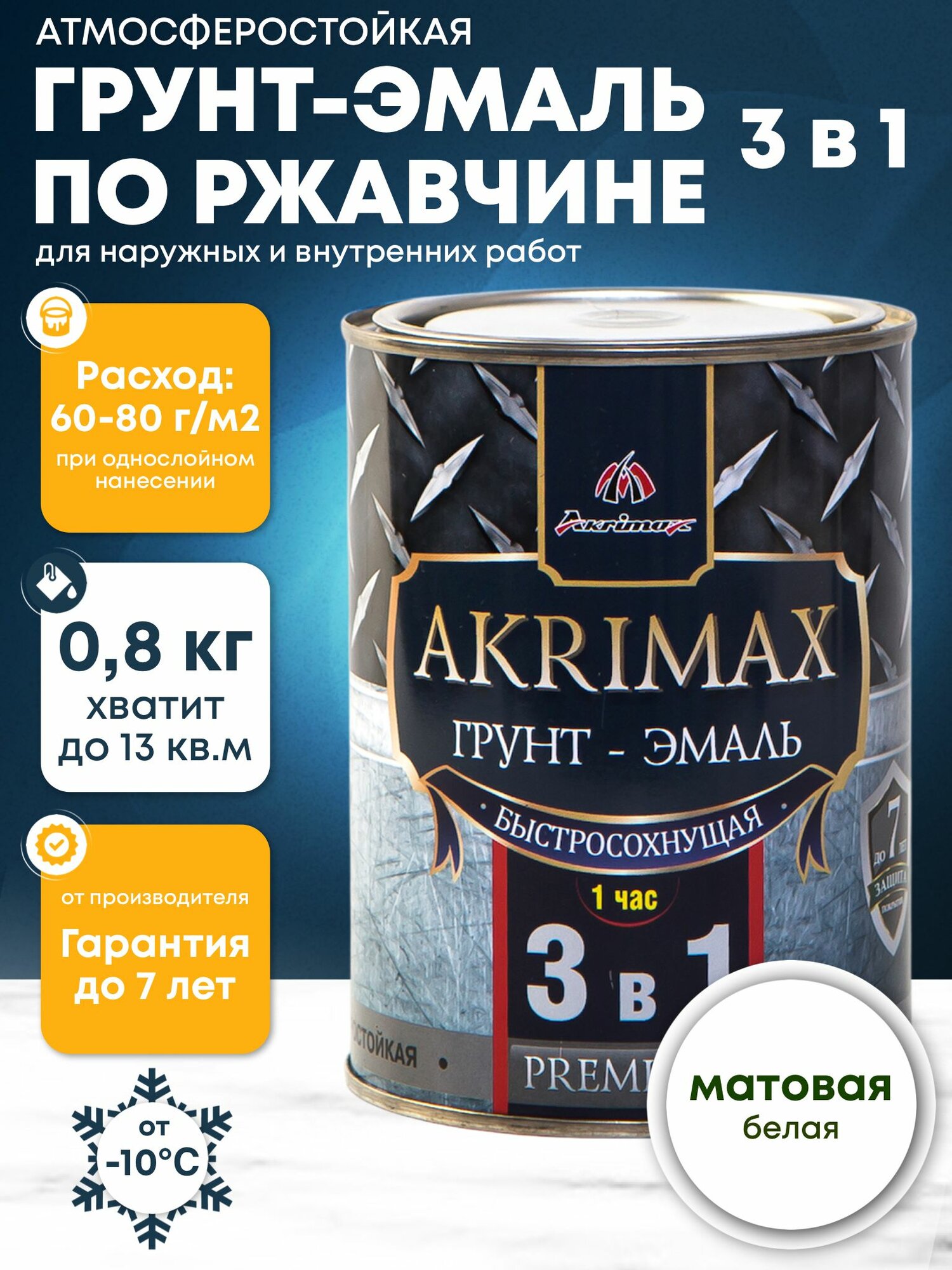 Грунт-эмаль по ржавчине 3 в 1, Краска по металлу, быстросохнущая 0,8 кг AKRIMAX-PREMIUM, матовое покрытие, белая антикоррозийная матовая эмаль