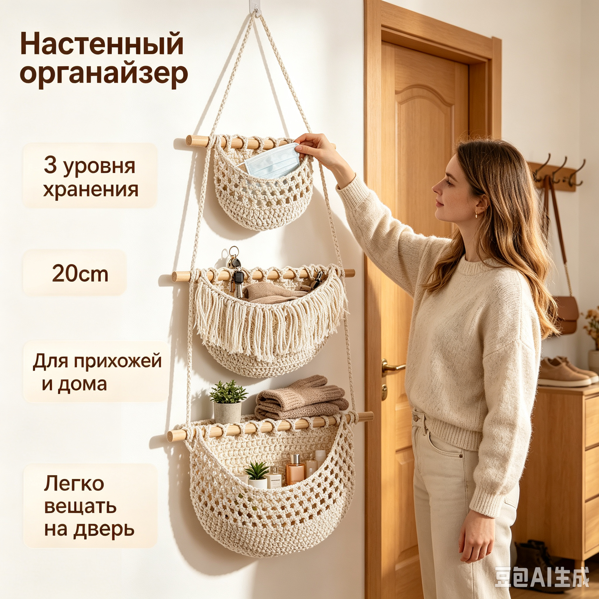 Стеллаж для хранения на настенной дверце, подвесная корзина из хлопчатобумажной веревки, 3-слойный настенный монтаж