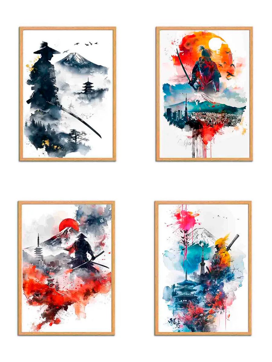 Птица щегол Самурай, 4 Плаката, 30x21см