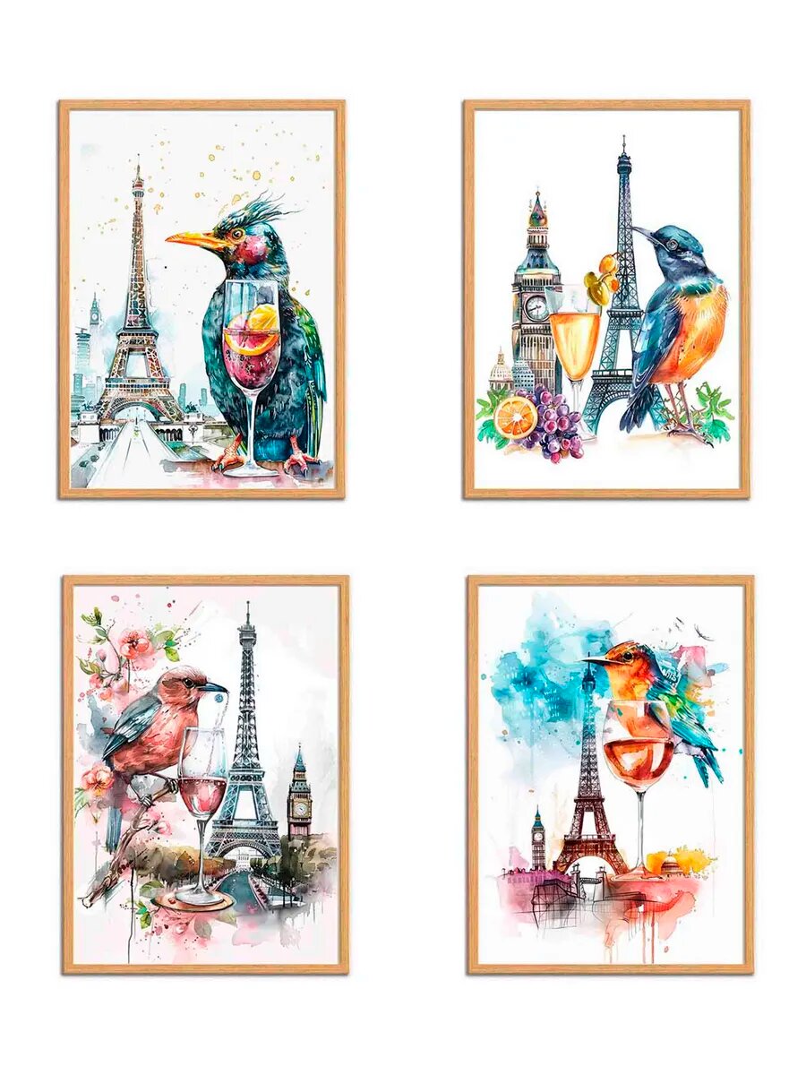 Птица Майна Пьет Вино, 4 Плаката, 30x21см