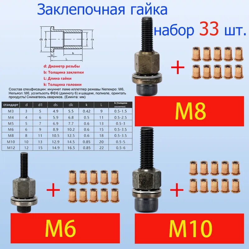 Инструмент для установки резьбовых заклепок / Адаптер для шуруповерта / Заклепки резьбовые М6 М8 М10