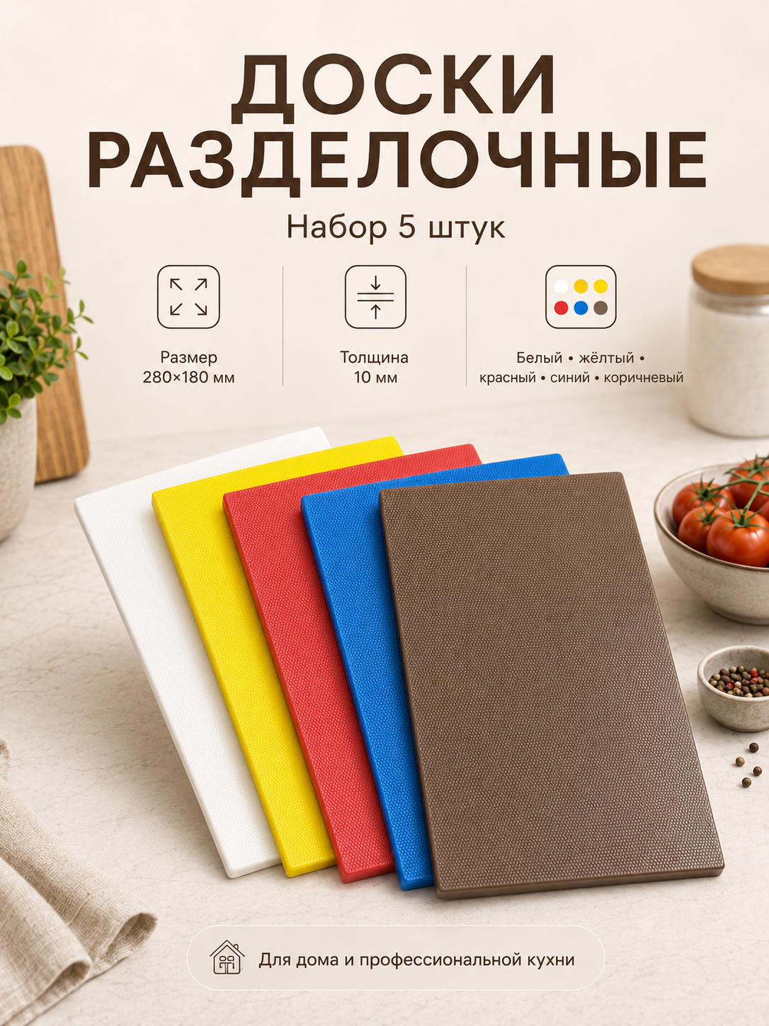 Доска разделочная пластиковая 28*18, набор 5 шт, профессиональная, универсальная, для кухни