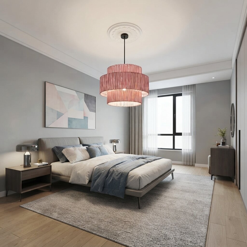 Подвесная люстра из натурального ротанга розового цвета диаметром 50 см Hiskias Pink 43.3550