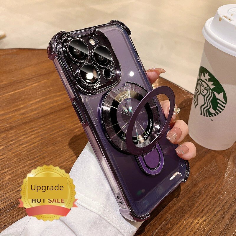 Чехол прозрачный из силикона для iPhone 15 Pro с магнитным креплением, защитой углов и складным магнитным штативом,