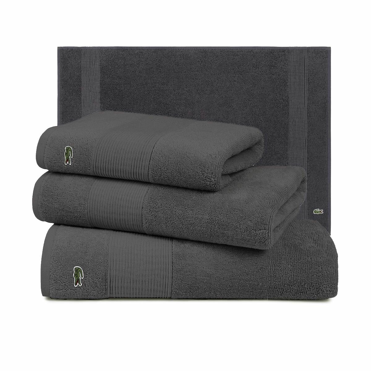 Набор из 3 полотенец 600 г/м2 и 1 коврика 800 г/м2 Super Lacoste махровых: 1 - банное 70х140, 1 - для рук 50х100, 1 - для лица 40х60, 1 - коврик 50х70, 100% хлопок, Стандарт OEKOTEX 100, Темно серый