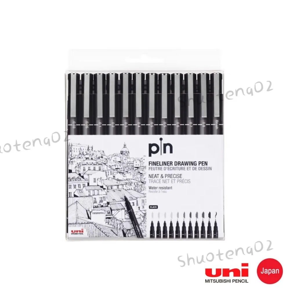 Uni Mitsubishi Pencil Набор линеров PIN-200, Черный, 12 шт.