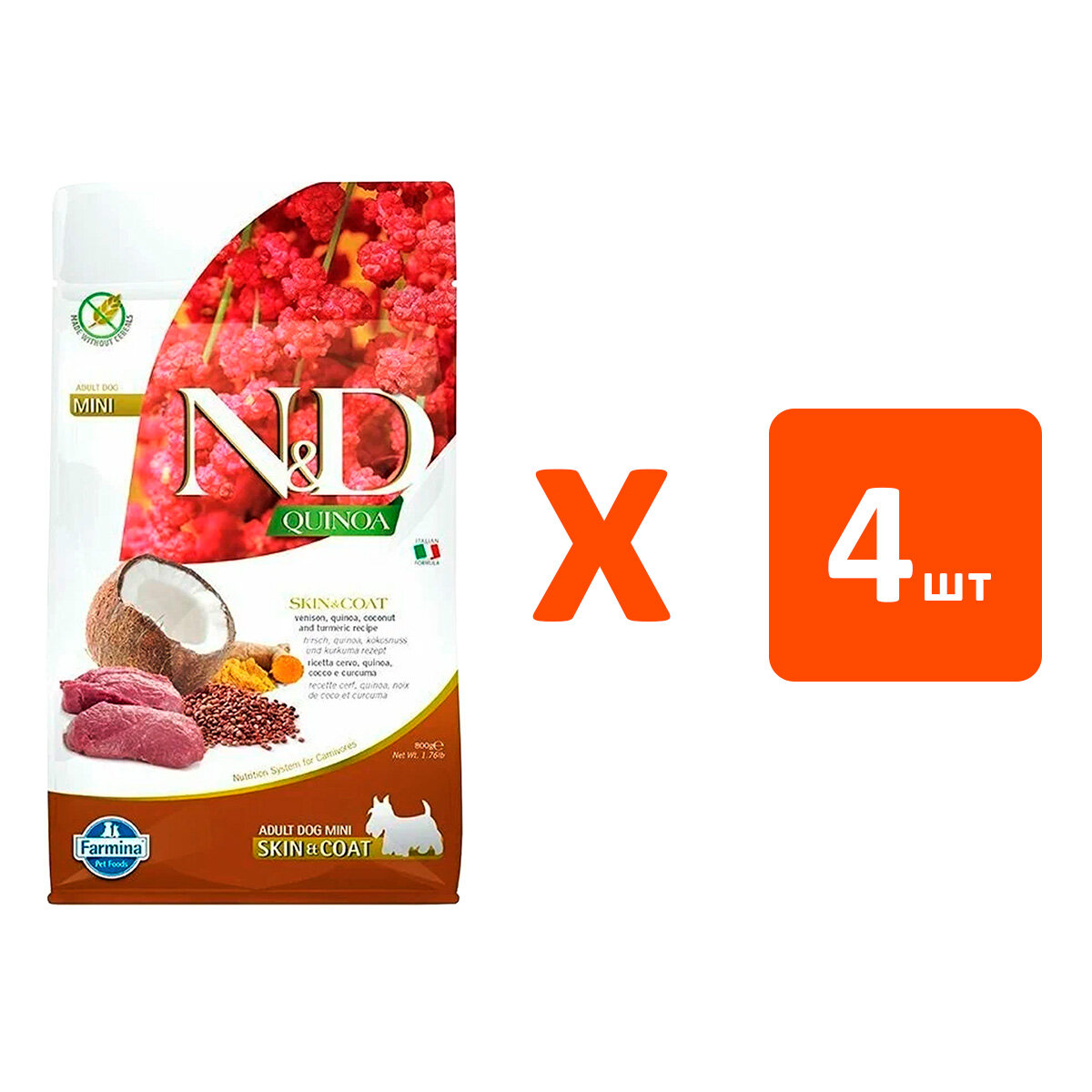 Корм сухой Farmina Dog N&D Grain Free Quinoa Adult Mini Skin & Coat Venison беззерновой для взрослых собак маленьких пород при аллергии, оленина и киноа, 0,8 кг х 4 шт