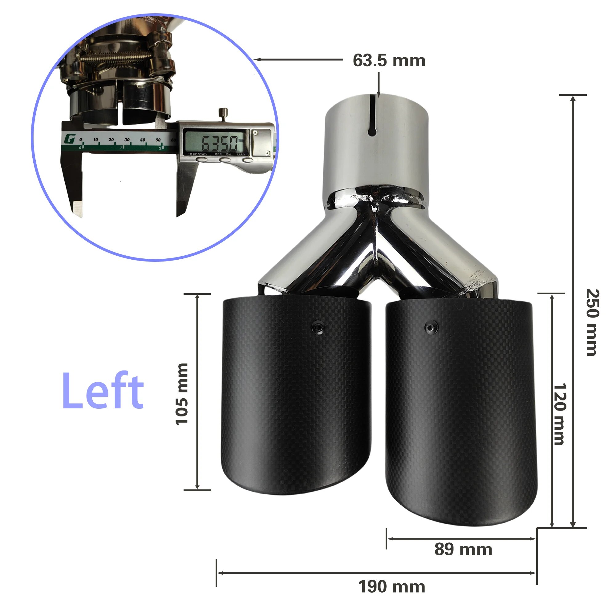 Автомобильный глянцевый глушитель из углеродного волокна, Y-образная форма, двойные выхлопные трубы, глушители, универсальный Глянец из нержавеющей стали 63.5mm-89mm-Left