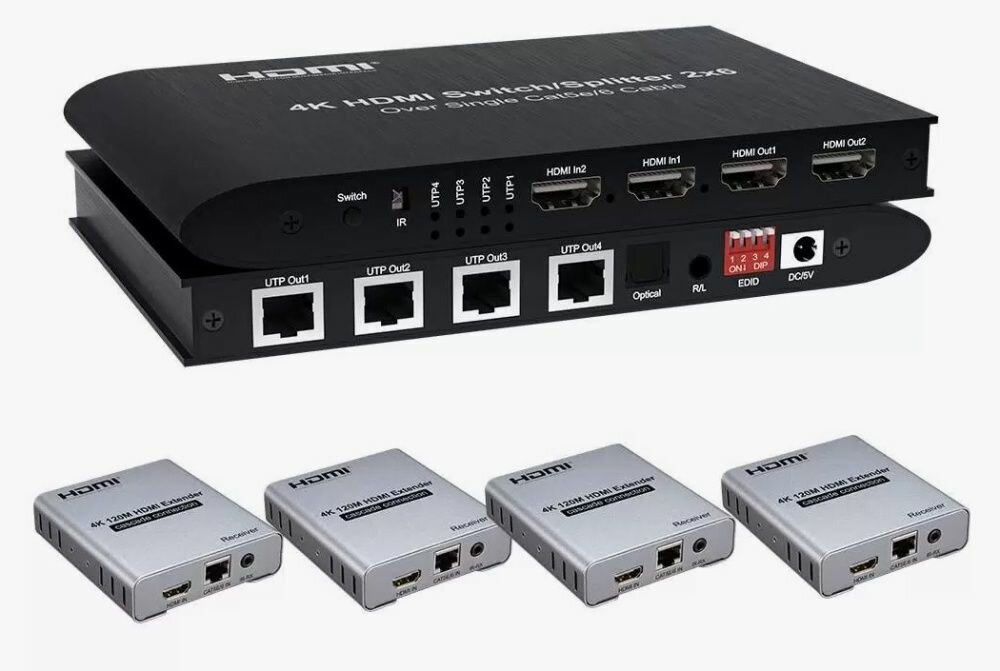 HDMI разветвитель на 2 входа и 6 выходов (2 hdmi+4utp) по витой паре 100м