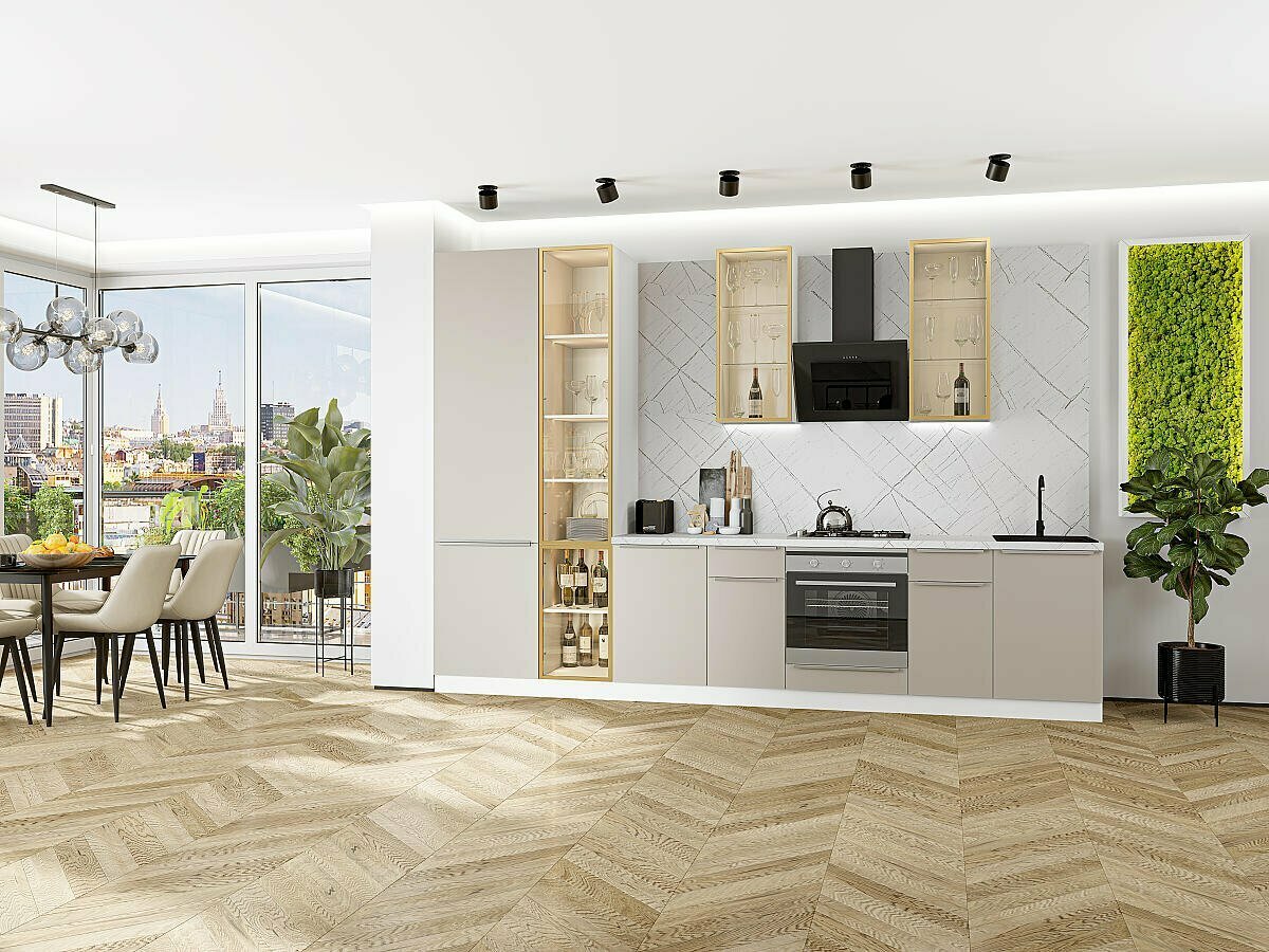 Кухонный гарнитур 3,4 м без столешницы Мебель-МСК Фьюжн-08 Cream Silk, полки стекло 234x340x60 см