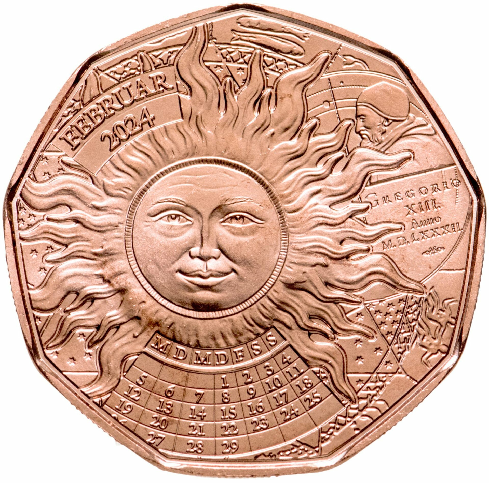 Австрия 5 евро euro 2024 "Високосный год", Медь, в сохранности UNC