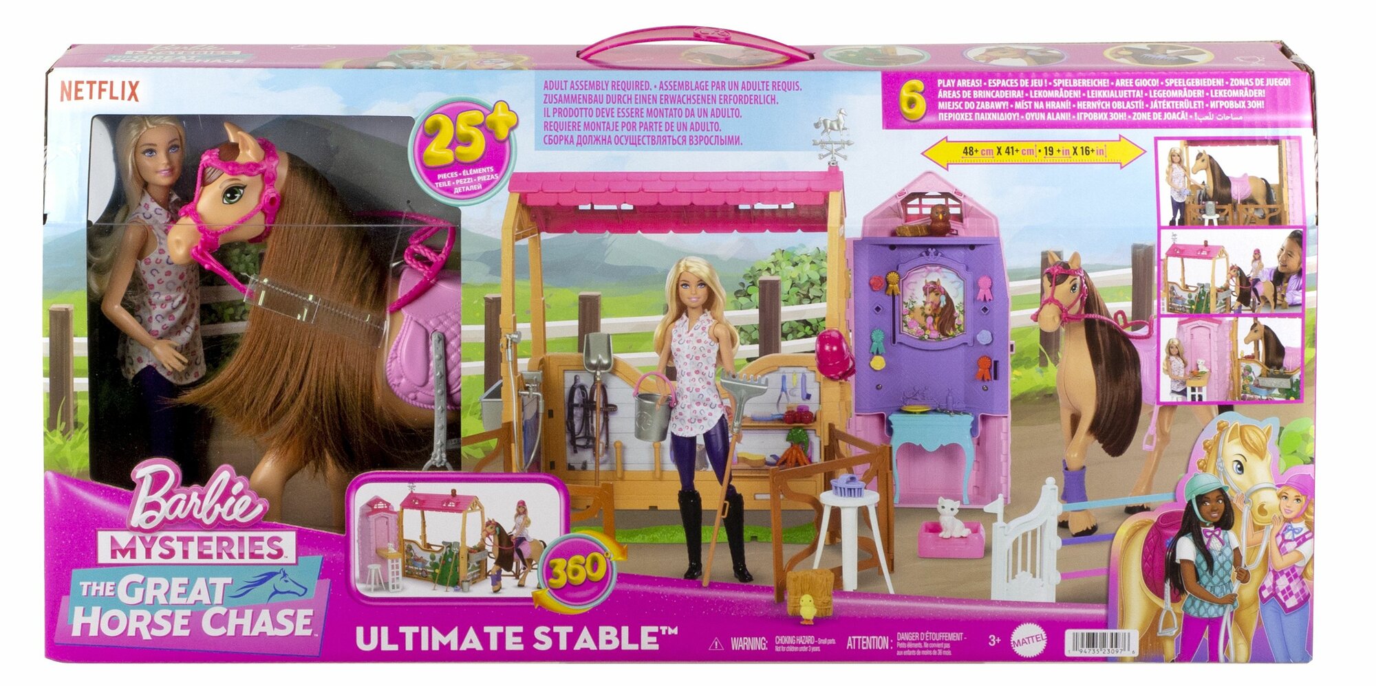 Игровой набор Mattel Barbie Конюшня с куклой и лошадью HXJ44, розовый/коричневый
