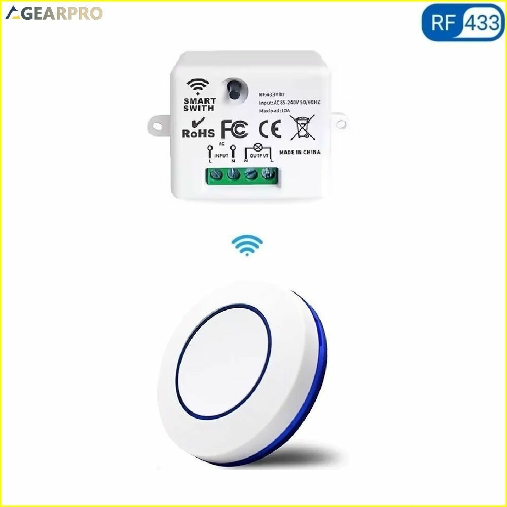 Беспроводной выключатель для светодиодных ламп / пульт для бытовых приборов / кнопка с приемником 433 MHz 220V, максимальный ток 10A, максимальное напряжение 250V, в комплект входит 1 батарейка CR2032, диапазон действия 0-50 метров, 1 кнопочный