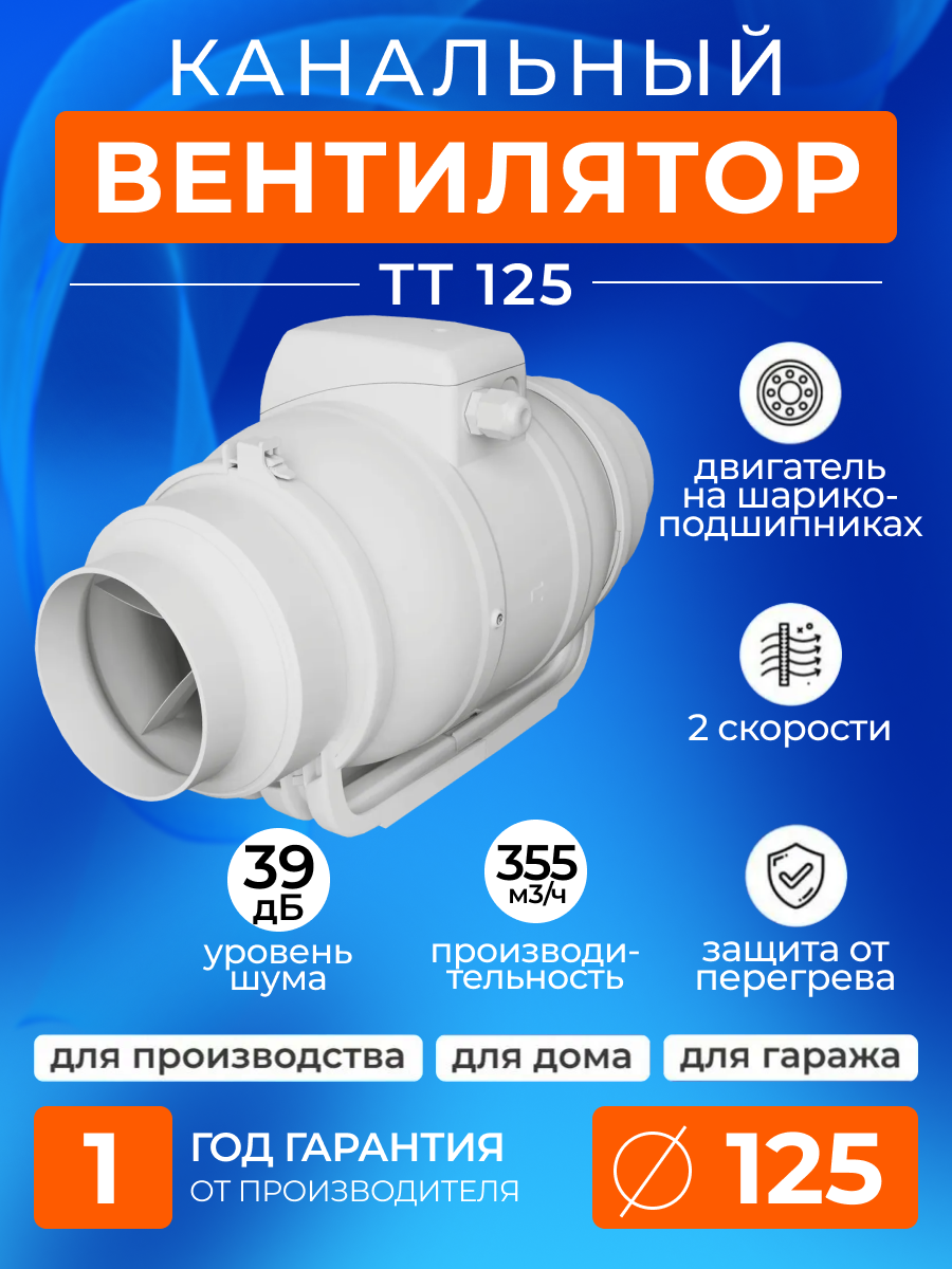 Вентилятор 125 мм приточно-вытяжной TT 125, осевой, 2 скорости, 29 Вт, 355 м3/ч, малошумный 39 дБ, VEO