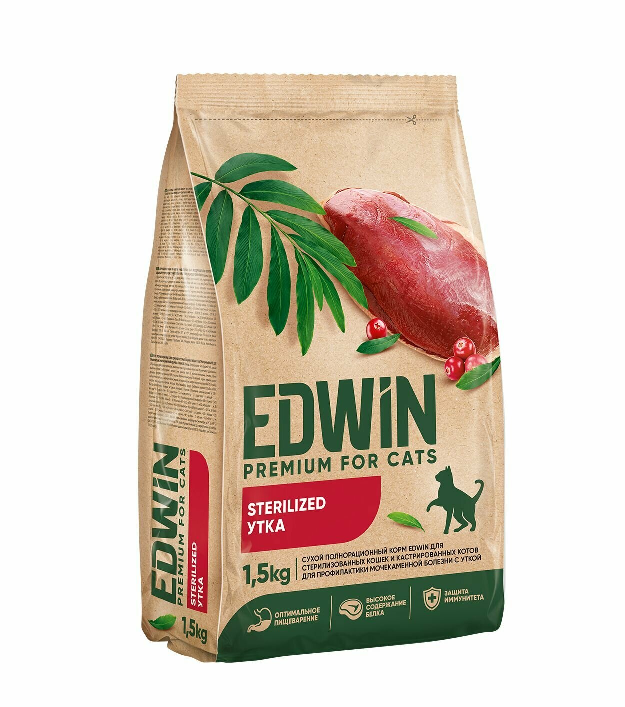 Корм сухой EDWIN для стерилизованных кошек профилактика МКБ Утка 1,5 кг