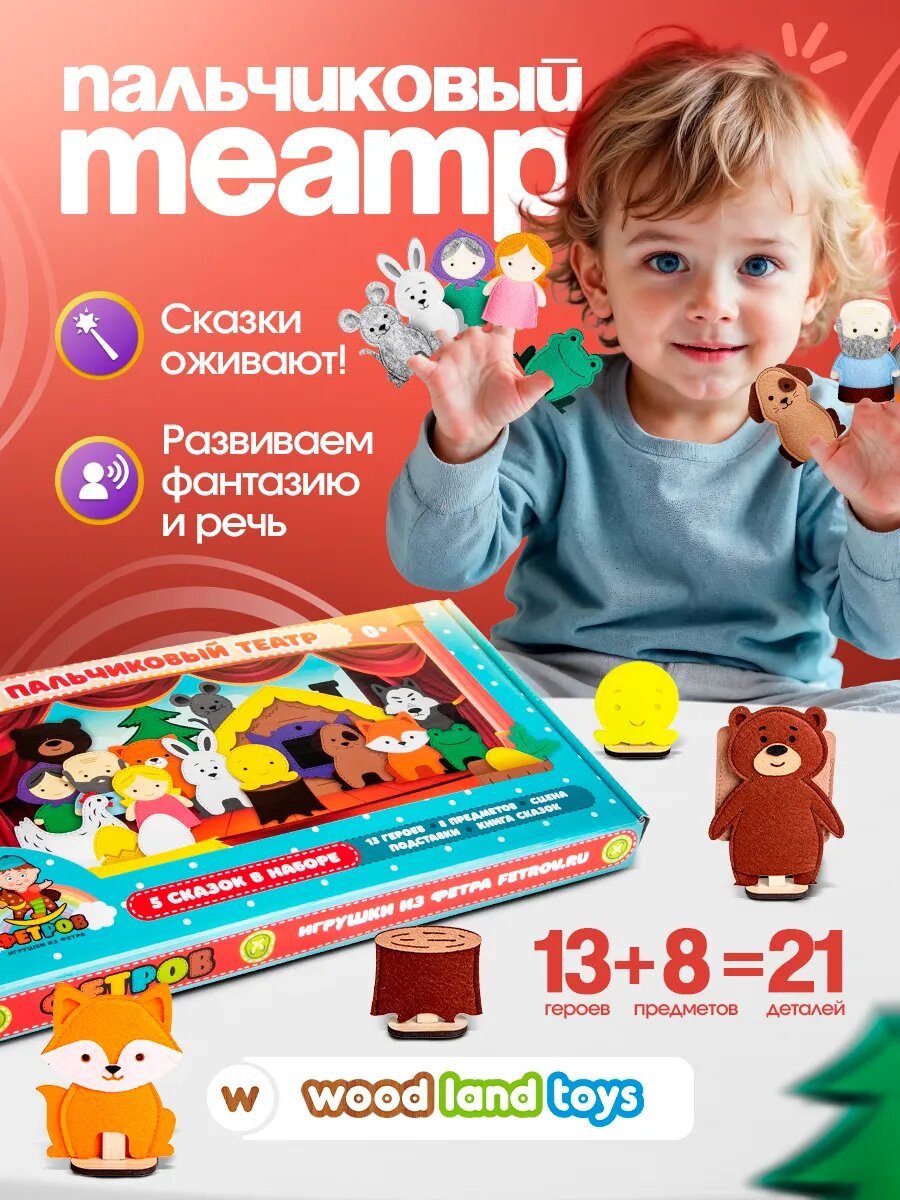 Пальчиковый театр по сказкам WoodLandToys с книжкой для малышей, 21 элемент