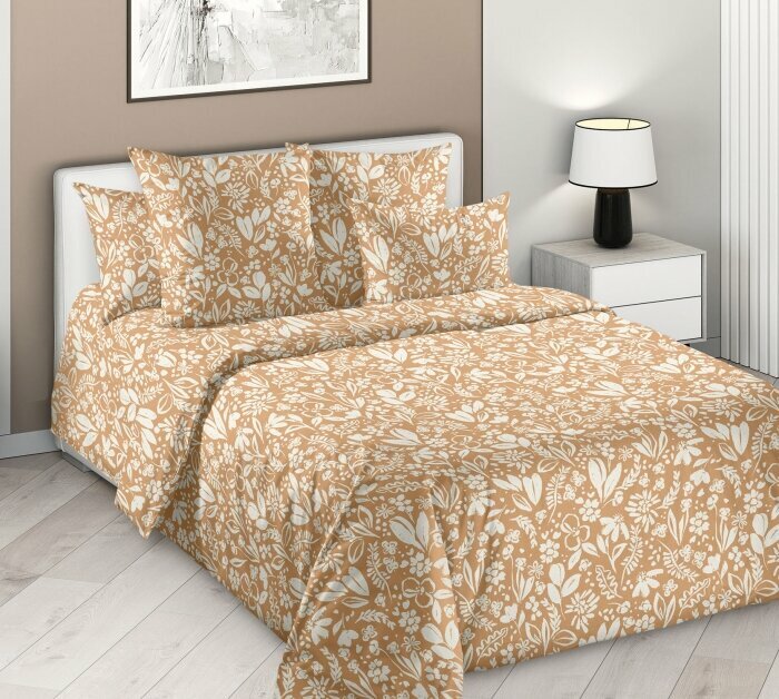 Постельное Белье 2-сп. с Евпропростыней Зима-Лето Перкали (70х70) "Ботаника О+О 1 оранж"