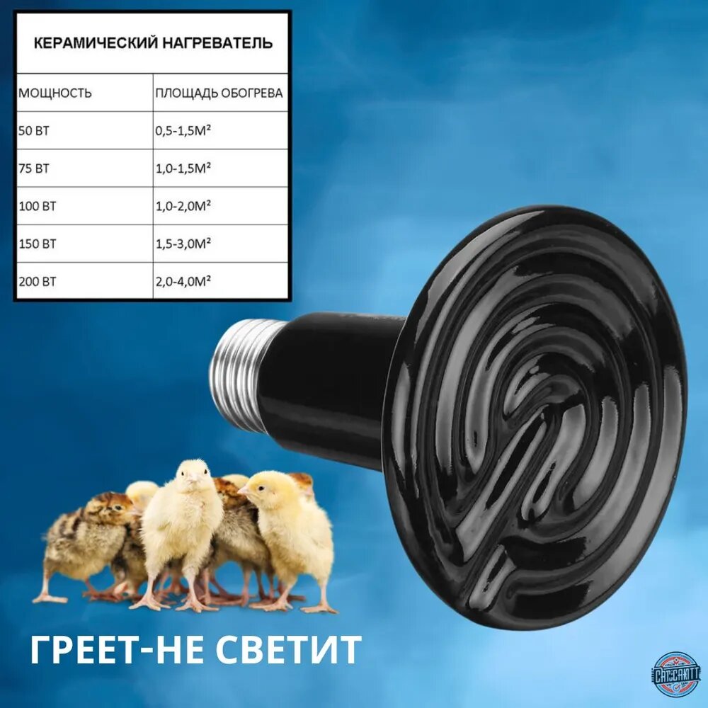 Керамическая лампа 100 Ватт для обогрева террариумов, курятников и инкубаторов Инфракрасная лампа E27