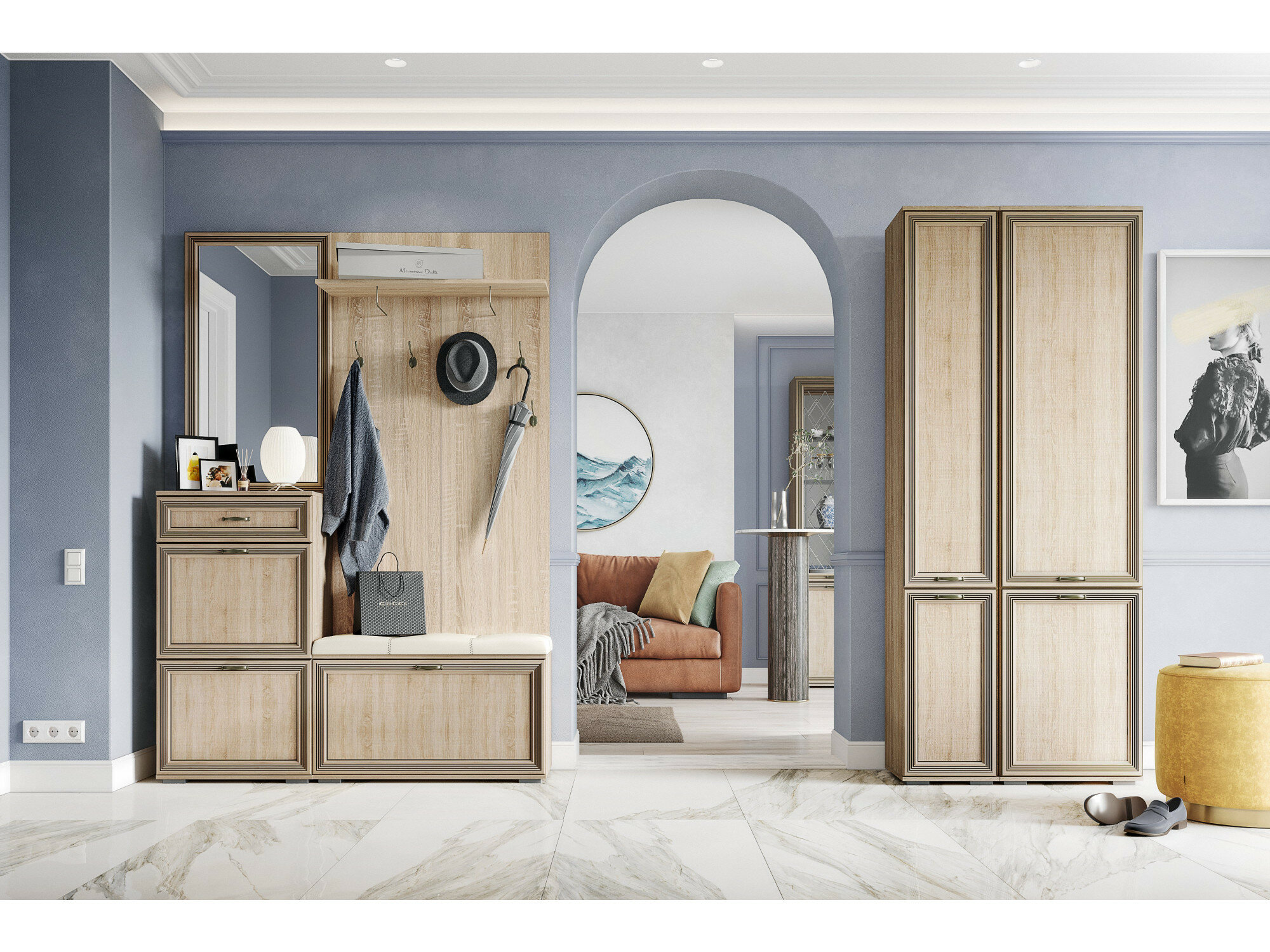 Модульная прихожая в классическом стиле, набор 2, Дуб сонома