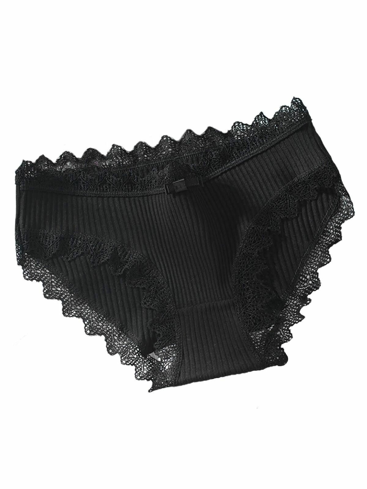 Кружевные хлопковые трусики с рюшами, Черный - M