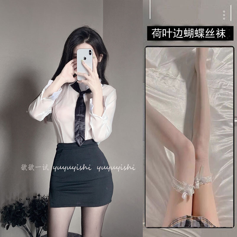 Форма секретаря и галстук, соблазнительные черные чулки, юбка-карандаш, белая рубашка, прозрачная одежда, манящая сексуальность 0018. Секретарша + белые кружевные чулки с бабочками