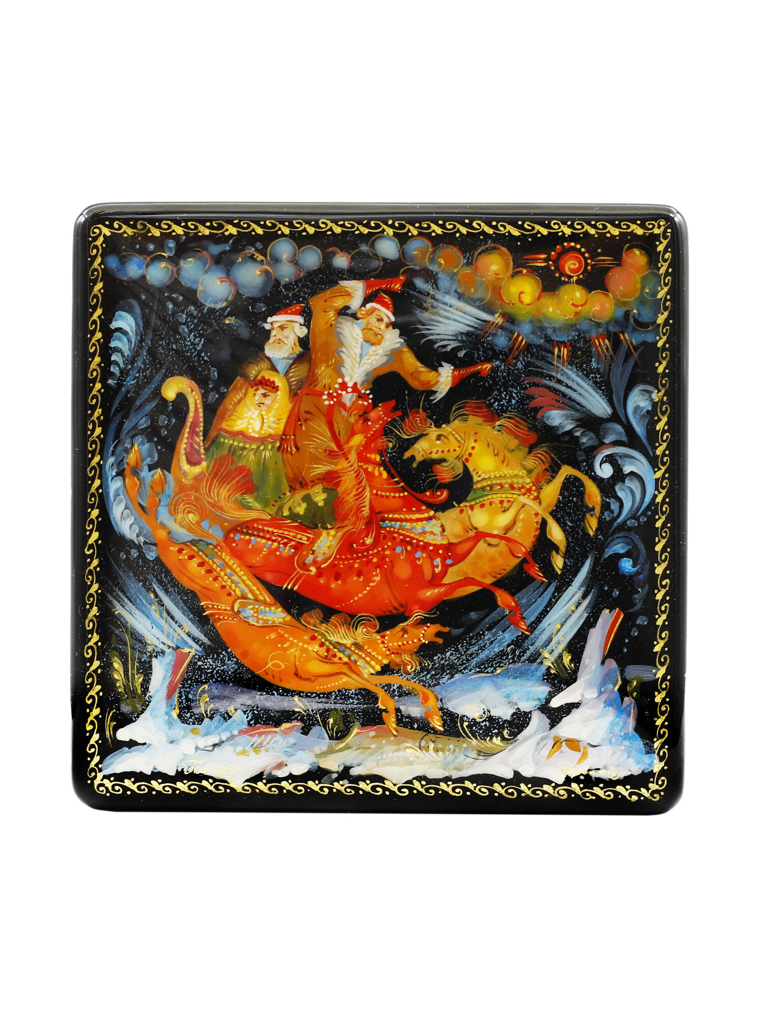 Шкатулка Палех "Тройка. Метель", квадратная, художник Фролов.