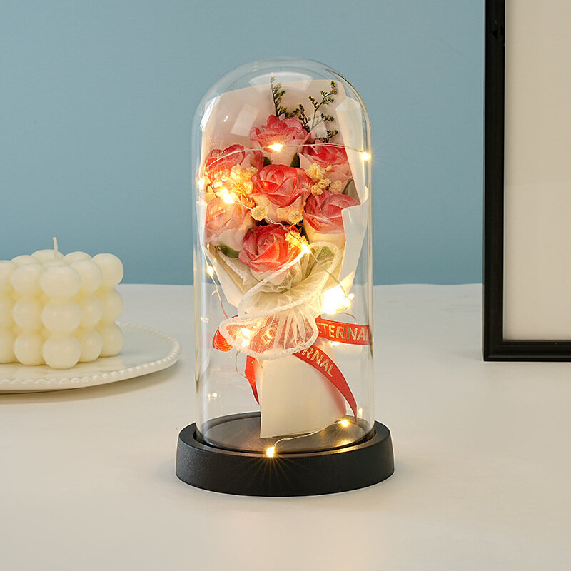 Букет вечных роз в стеклянном куполе, ночник, украшение, сухоцветы, гипсофила, подарок на День святого Валентина для девушки