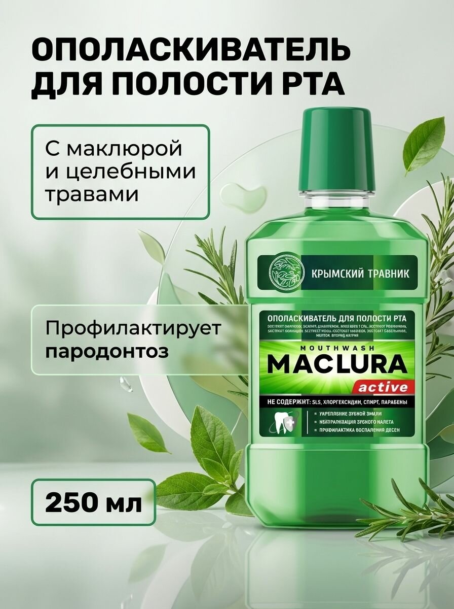 Ополаскиватель для полости рта Maclura с экстрактом маклюры и фторидом натрия антибактериальный 250 мл