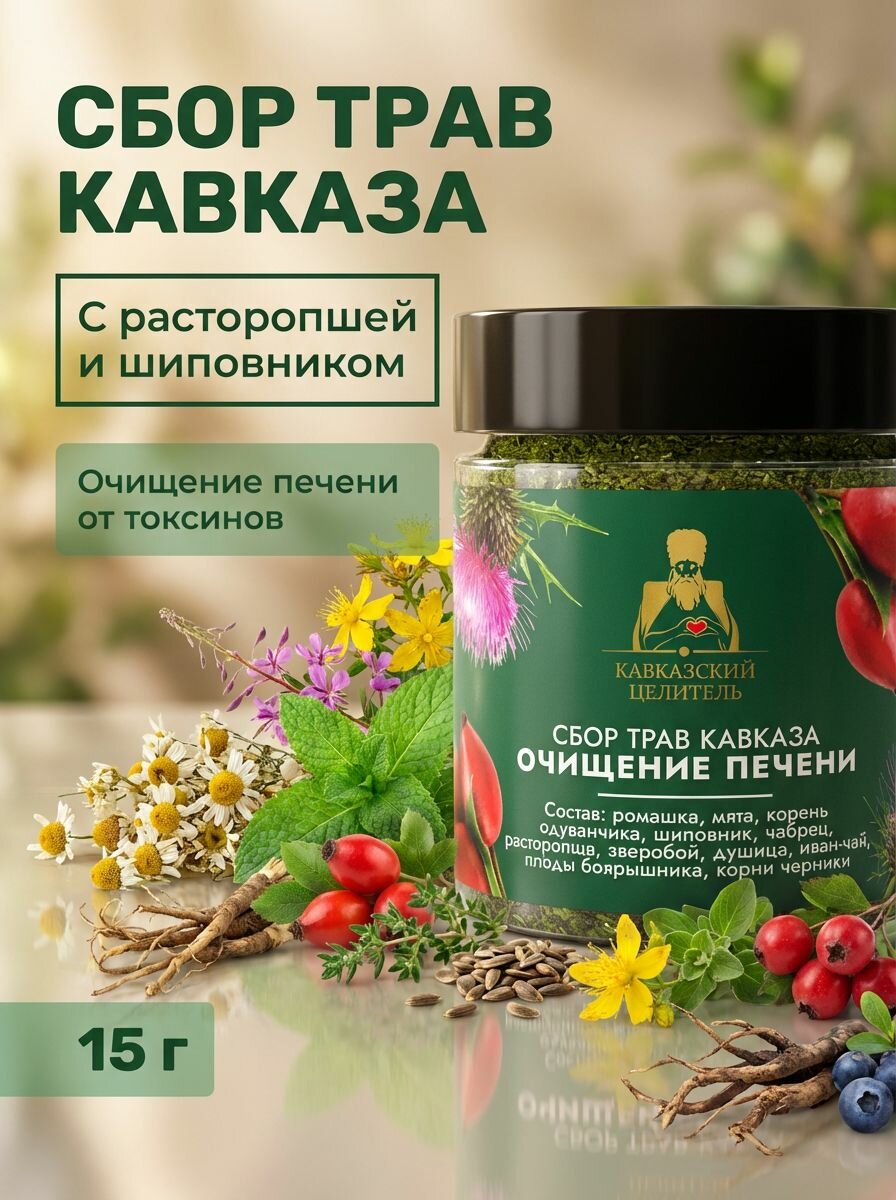 Сбор трав Кавказа Очищение печени с желчегонным эффектом для детокса, 15 г