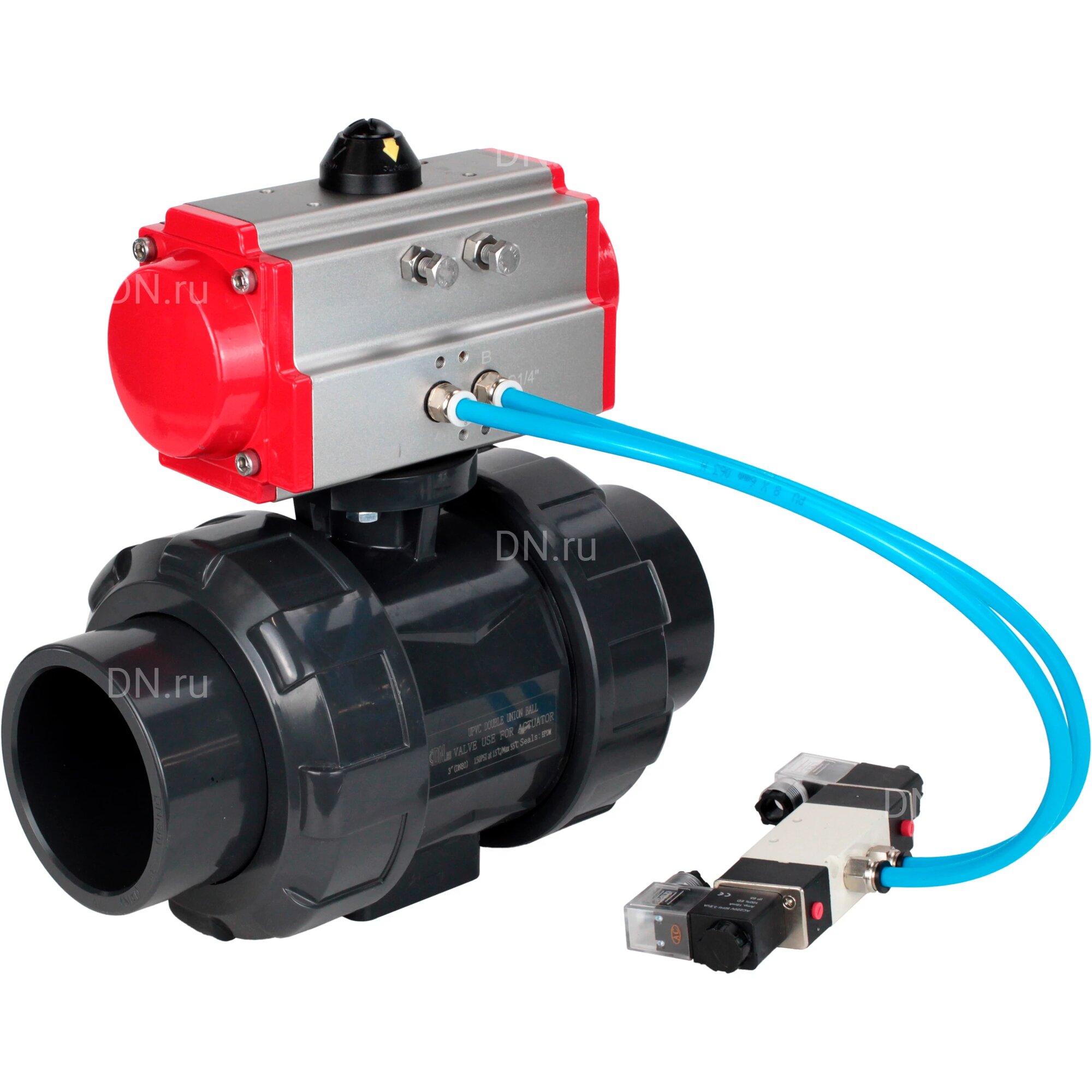 Кран шаровой DN.ru НПВХ-НПВХ-E-FP-GRM-ISO Дн15 Ру10 полнопроходной, корпус - НПВХ, шар - НПВХ, уплотнение - EPDM, с пневмоприводом SA-052 и пневмораспределителем PND1-S2EM-52-2-T10-220VAC