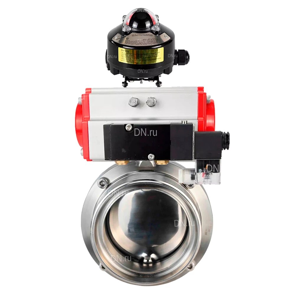 Затвор дисковый поворотный DN.ru 304-304-Sil-2W-T-H Ду25 Ру10 пищевая нержавеющая сталь 304, уплотнение - Silicon, с пневмоприводом DN.ru SA-065, пневмораспределителем DN.ru PND2-S1EM-52-1NC-J08-220VAC и БКВ DN.ru LSB-510-02ExM12-250