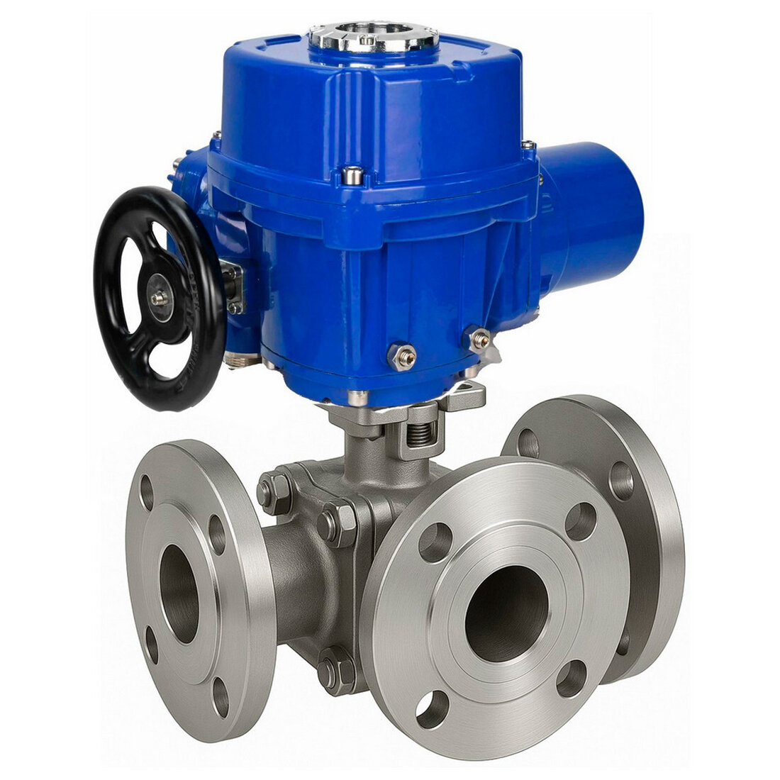 Кран шаровой DN.ru 316-316-PTFE-FP-3L-F-ISO-H Ду20 Ру16 HYMT, трехходовой L-тип, полнопроходной, фланцевый, корпус - нержавеющая сталь SS316, с электроприводом QT-W (M)-005 220В с моментной муфтой и штурвалом (опрессовано)