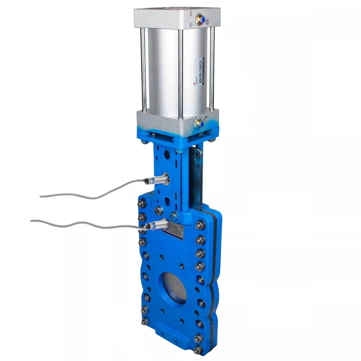 Задвижка шиберная со сквозным ножом DN.ru SN-WCB-304-NBR-2W-Fb-2P Ду200 Ру10 межфланцевая, корпус - углеродистая сталь WCB, шибер - нержавеющая сталь 304, уплотнение - NBR, с пневмоприводом и индукционными датчиками LS-12A3-00NI0-220VAC