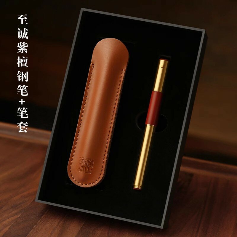 Ручка с гравировкой логотипа Zhicheng из красного дерева для мужчин, высококачественная деловая ручка с кожаным чехлом и подарочной коробкой для мероприятий