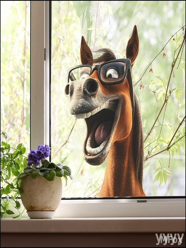 Забавная голова лошади украшает стеклянное окно дома декоративной наклейкой на окно
