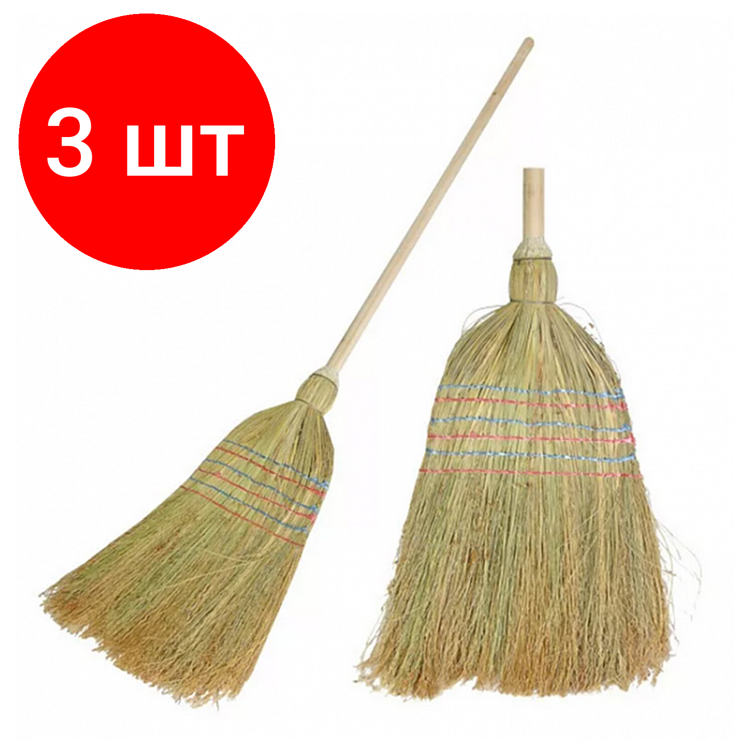 Комплект 3 шт, Веник-метла сорго любаша, натуральный, 5-ти прошивной, деревянный черенок 100 см, 400х350 мм, 605368