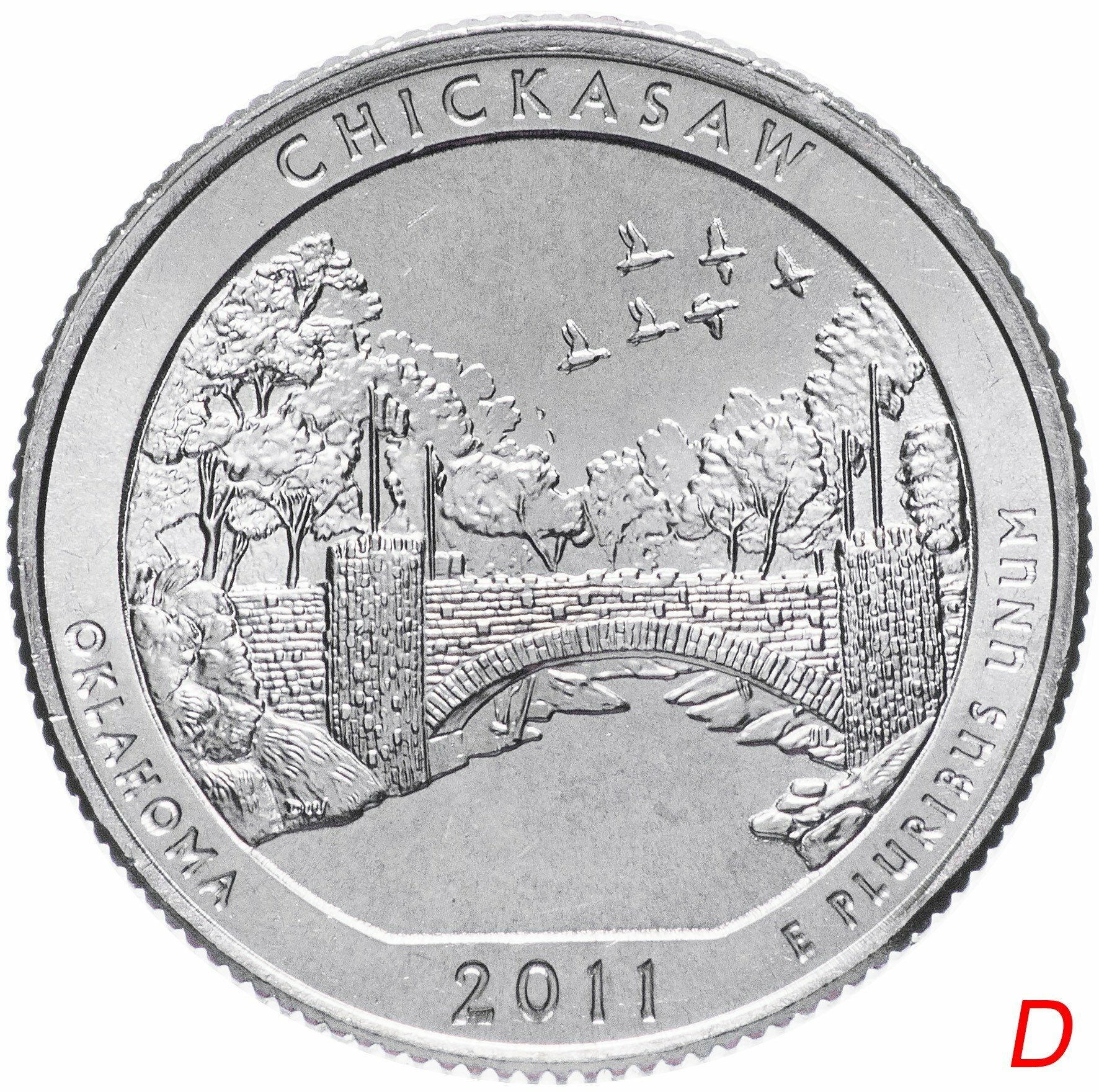 США 1/4 доллара 25 центов, квотер 2011 D — "Национальная рекреационная зона Чикасо" 10-й парк, Мельхиор медь-никель, в сохранности UNC