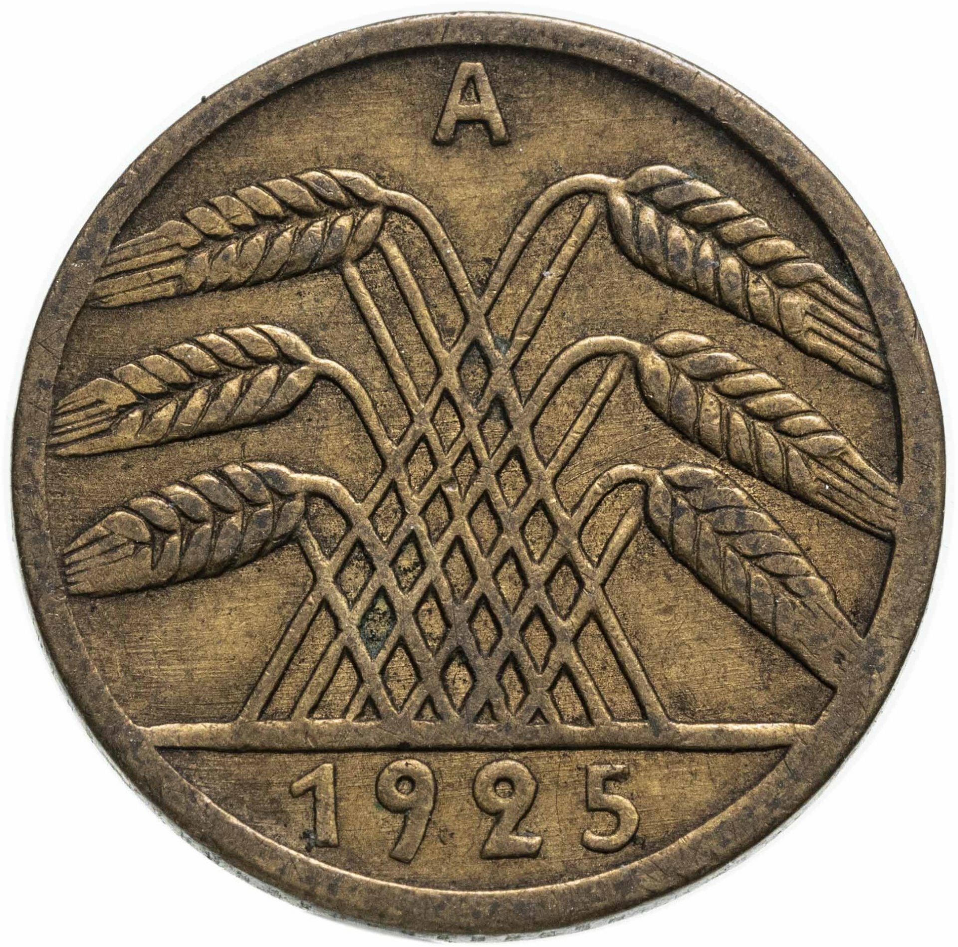 Германия 5 рейхспфеннигов reichspfennig 1925, знак монетного двора "A" — Берлин, Бронза, в сохранности XF