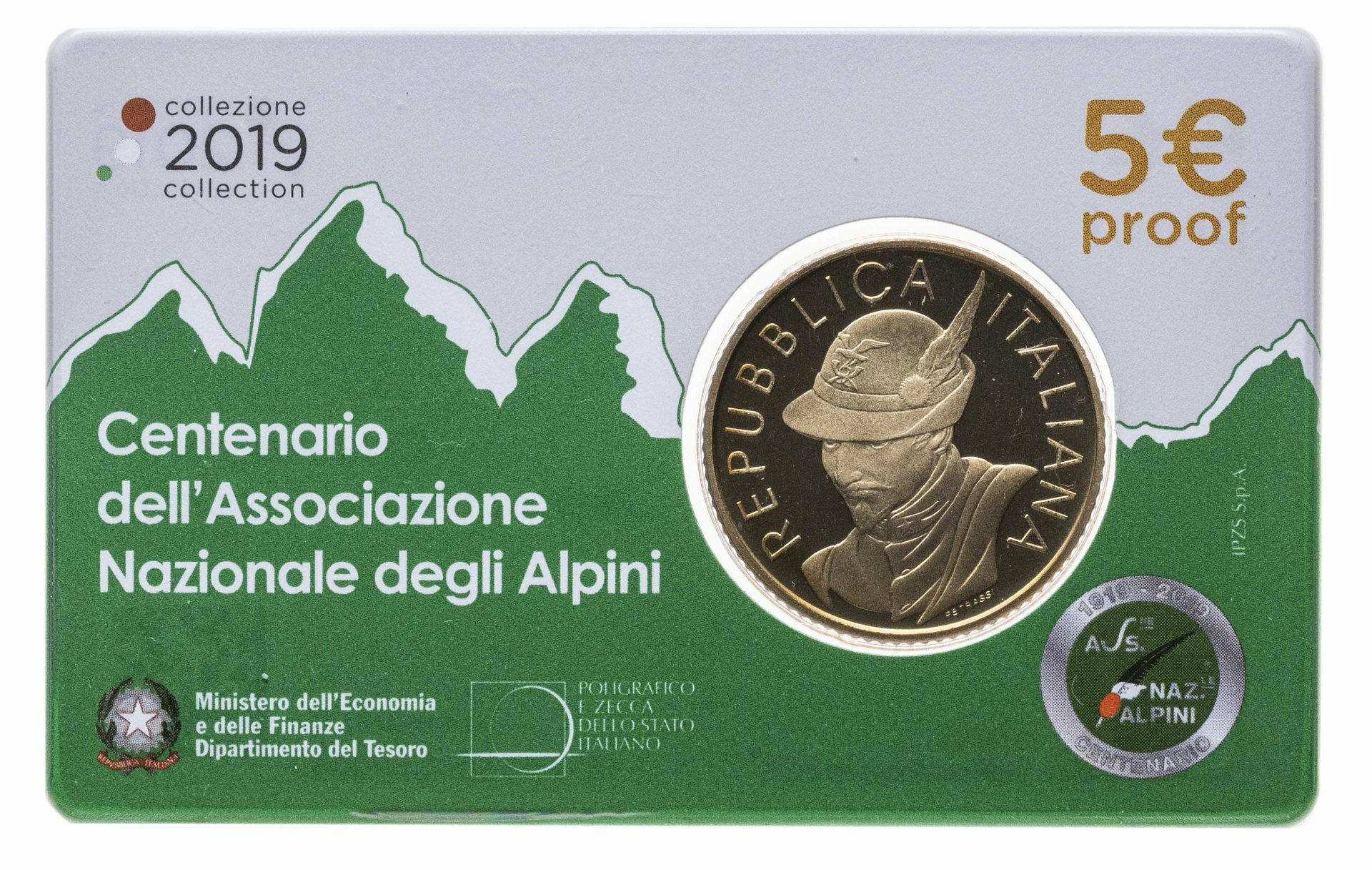 Италия 5 евро euro 2019 "Альпийская национальная ассоциация" в коинкарте, Бронза, в сохранности Proof