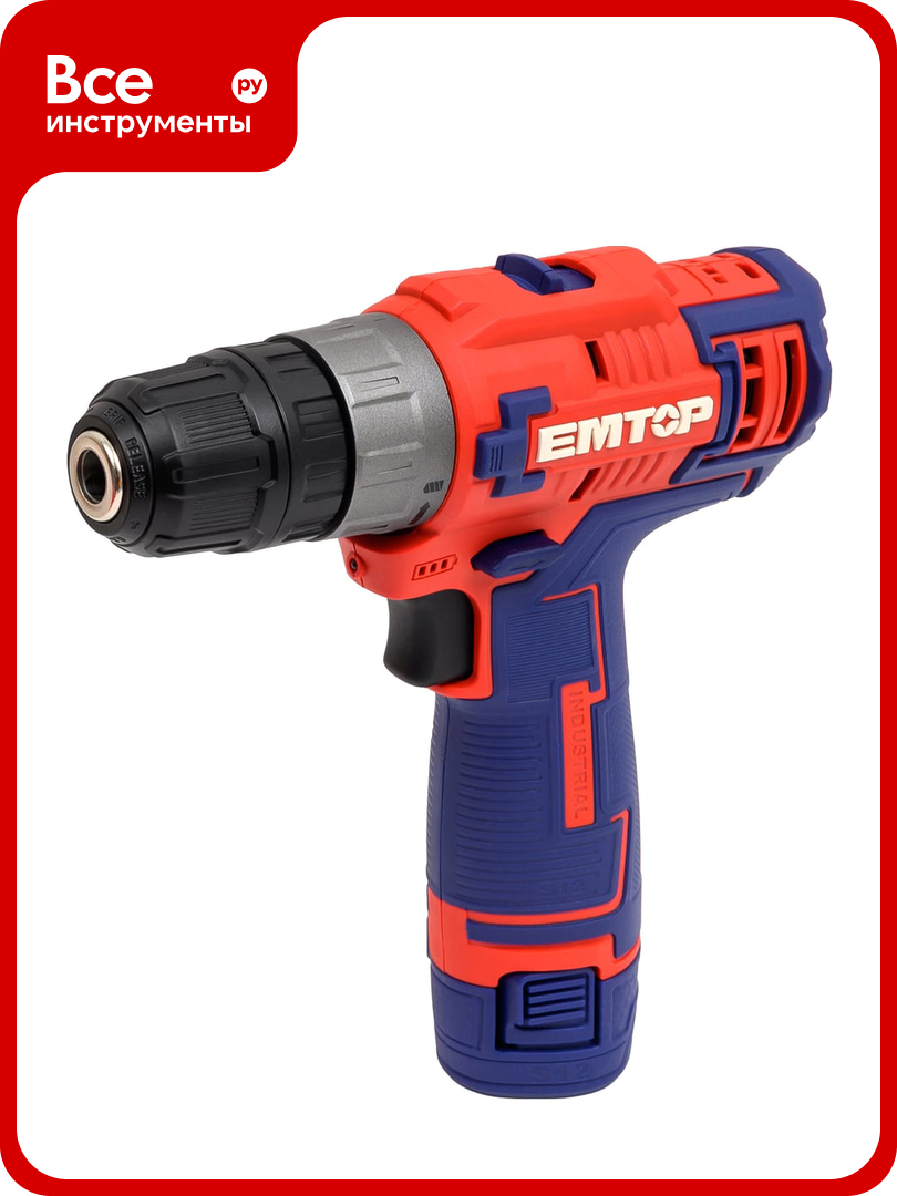 Аккумуляторная дрель-шуруповерт emtop 12 В,/0-1500 об/мин, 45 Нм, пластиковый патрон, для домашних мастеров