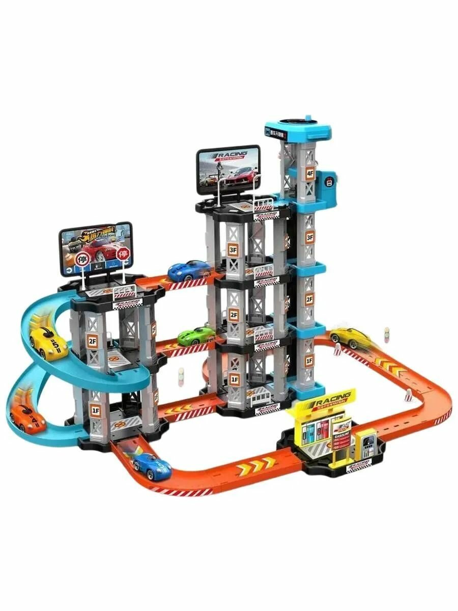 Парковка 4-уровневая для машинок, гараж с лифтом и 3 машинками