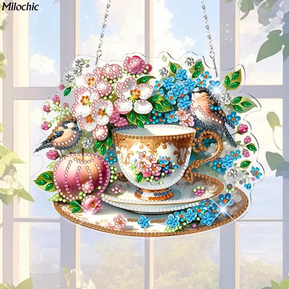 Подвеска с алмазной росписью, птица рядом с чайной чашкой, красивое украшение для дома