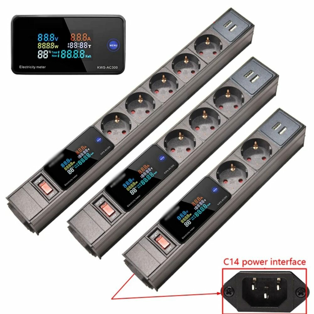 Сетевой фильтр европейского стандарта с 2 USB-портами, цифровым дисплеем, измерением напряжения, мощности, кВт·ч и температуры. 2/3/4/5/6/7/8/9 розеток европейского стандарта с выключателем и интерфейсом C14.