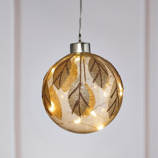 Светящийся елочный шар Amber Leaf 10 см, 10 теплых белых LED ламп, на батарейках, Peha, GF-18035