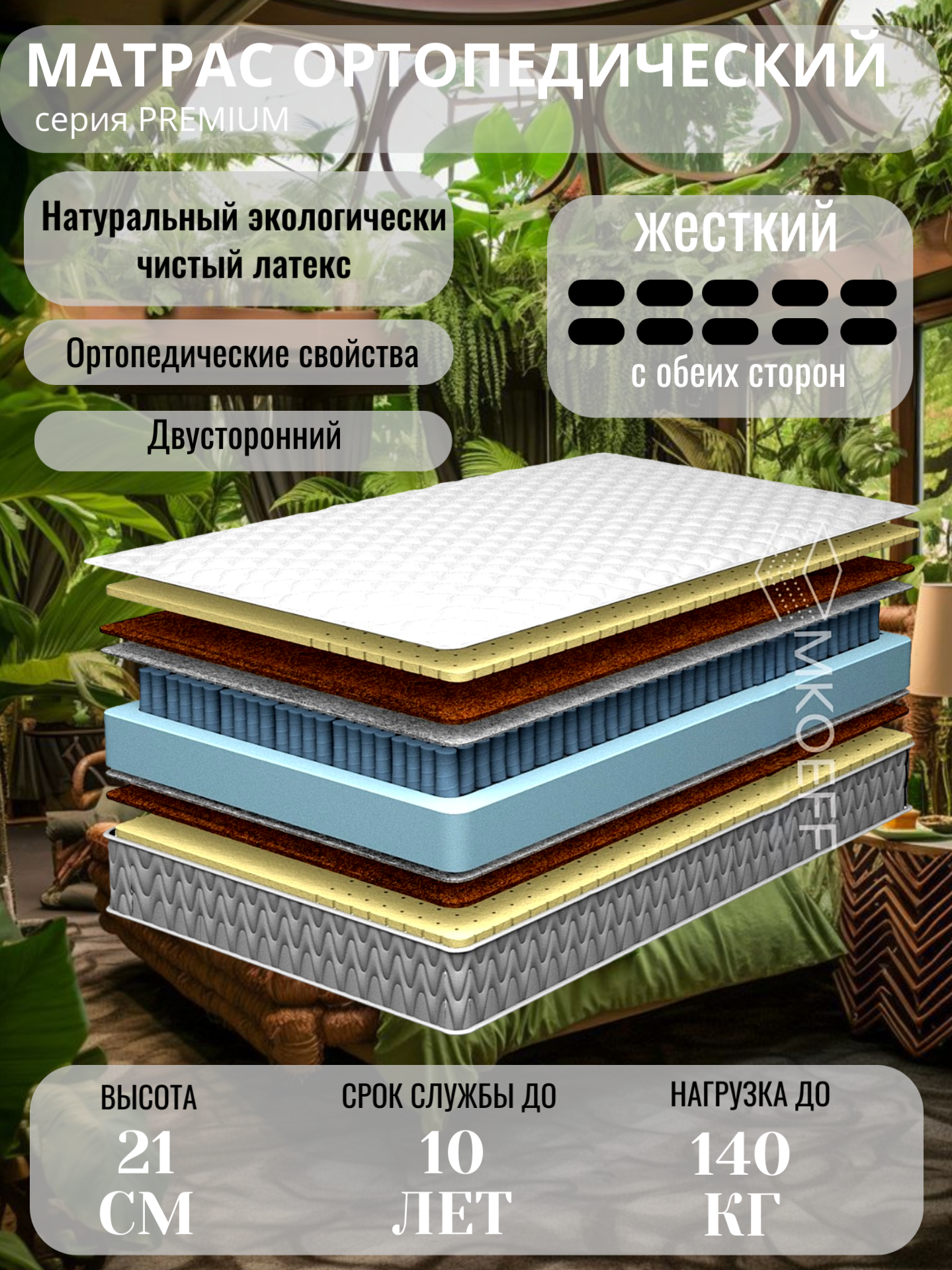 Матрас MKOEFF "Family Optima" 160х190х21 см. ортопедический. Жесткий. Натуральный латекс. Натуральный кокос.