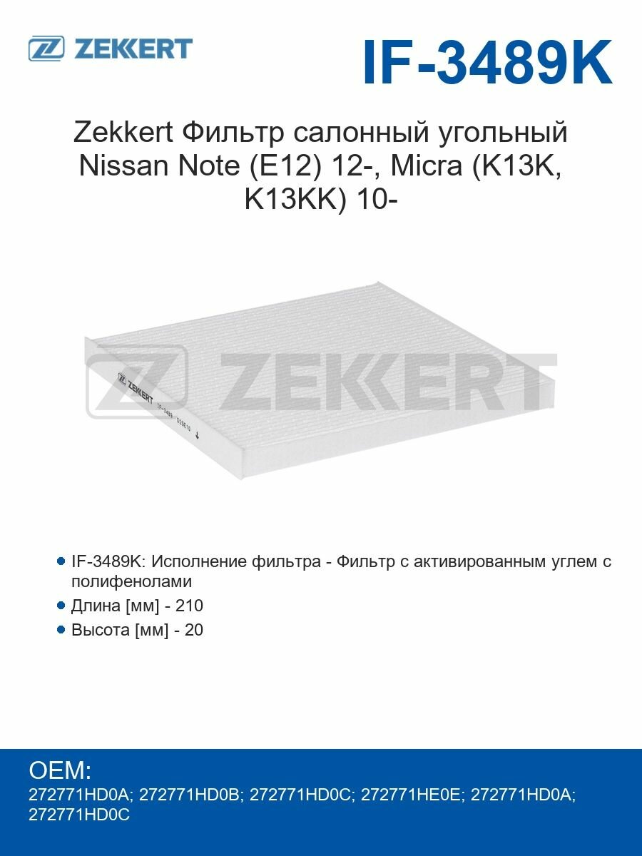 Zekkert Фильтр салонный угольный Nissan Note (E12) 12-, Micra (K13K, K13KK) 10-