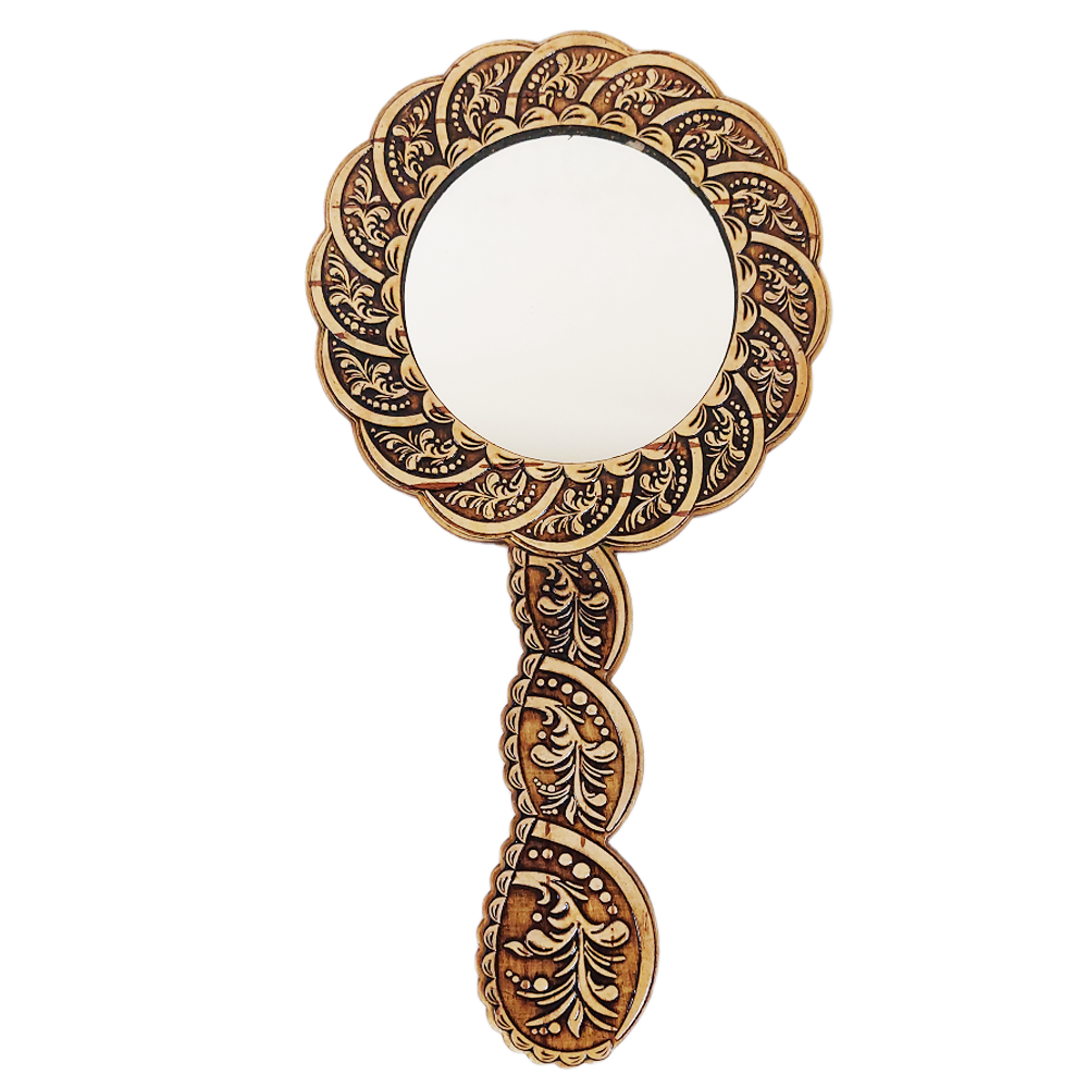 Зеркало круглое из бересты ручной работы с ручкой "Бабочка и цветы"