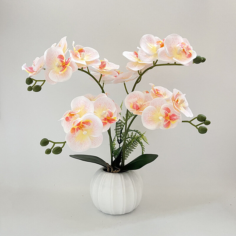 Искусственное цветочное растение фаленопсис в горшке, 24 цветка, декор для дома и офиса, настольное украшение, искусственное зеленое растение