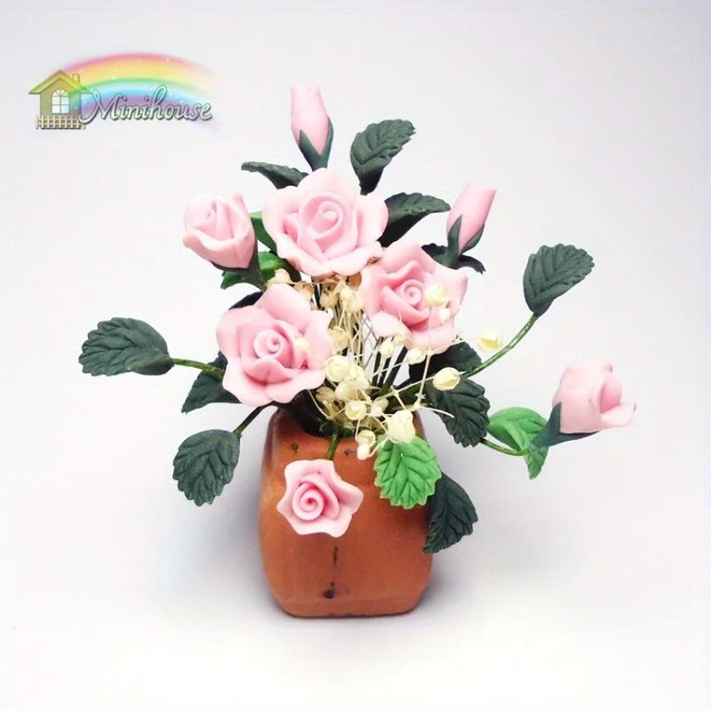 1/12 мини-растение в горшке с глиняной розой, миниатюрная имитация цветов, аксессуары, модель для украшения дома, микропейзаж